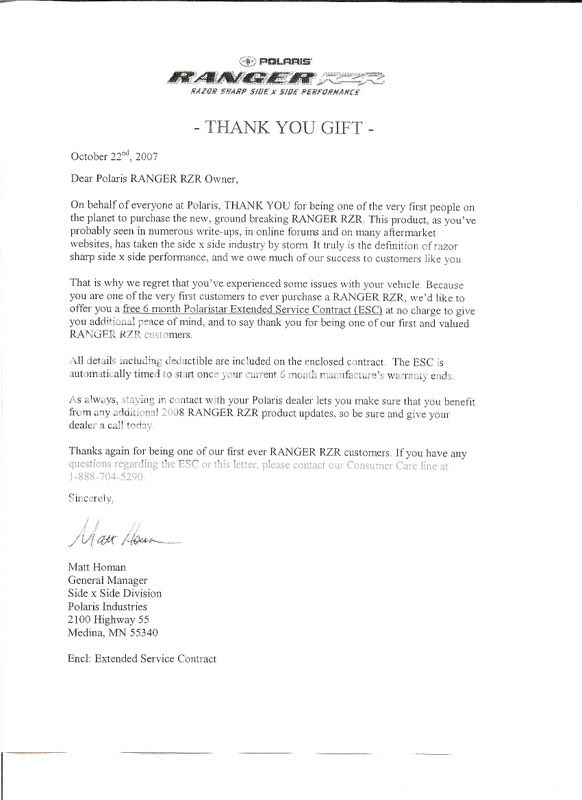 Letter from Polaris | PRC Polaris Ranger Club